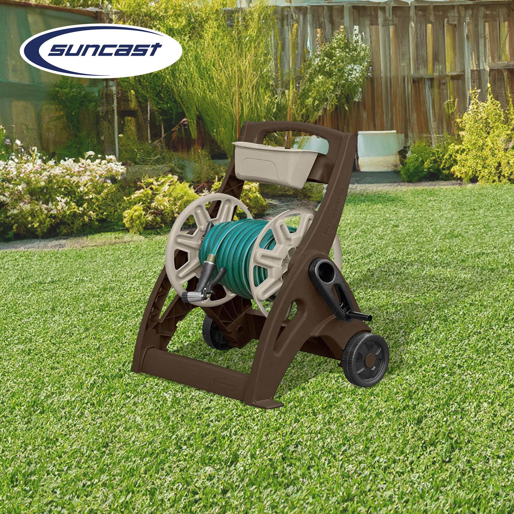 Suncast Hosemobile Portable Garden Hose Reel Cart with Wheels, Crank Handle, and Storage Tray for Gardening Accessories, 225' Hose Capacity, Mocha