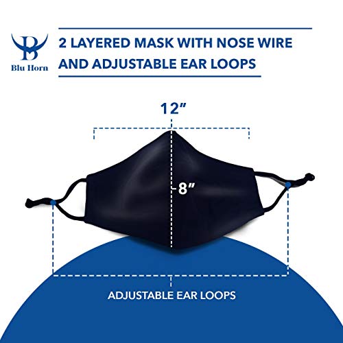 BLU HORN Face Mask from Large to 2XL(X-Large), with nose wire, adjustable loop, breathable (XX-Large, Black (3-Pack))
