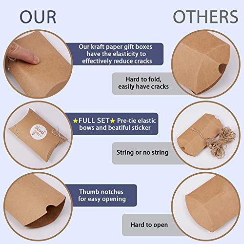 Second Angel 50 Kraft Paper Pillow Boxes With 50 Silver Elastic Tie for Wedding Party Favors, Jewelry, Candy, Soap & Present, Gift Card Holder, Small Gift Boxes, Recycled homemade Packaging
