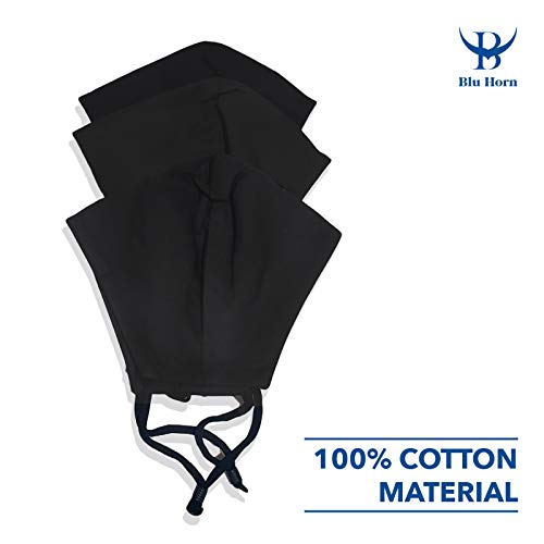 BLU HORN Face Mask from Large to 2XL(X-Large), with nose wire, adjustable loop, breathable (XX-Large, Black (3-Pack))