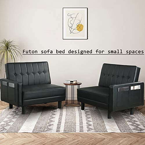 OBBOLLY Futon Sofa Bed - Tufted Design Loveseat Sofa Sleeper with Side Pockets and Armrest, Faux Leather Convertible Sofa Couch for Compact Living Space, Apartment, Dorm (Black)