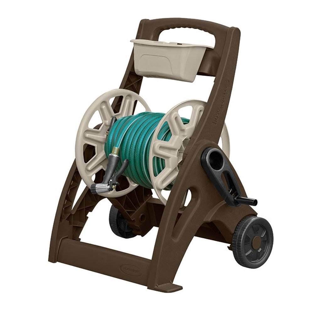 Suncast Hosemobile Portable Garden Hose Reel Cart with Wheels, Crank Handle, and Storage Tray for Gardening Accessories, 225' Hose Capacity, Mocha