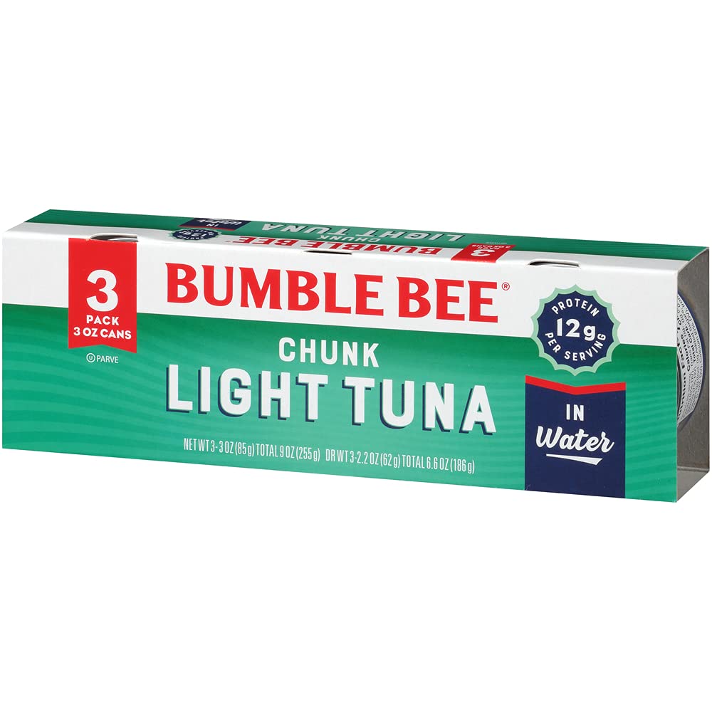 Bumble Bee Chunk Light Tuna In Water, 3 oz Cans (8 Packs of 3, 24 Cans Total) - Wild Caught Skipjack Tuna - 12g Protein Per Serving - MSC Certified Sustainable Seafood, Non-GMO, Gluten Free, Kosher
