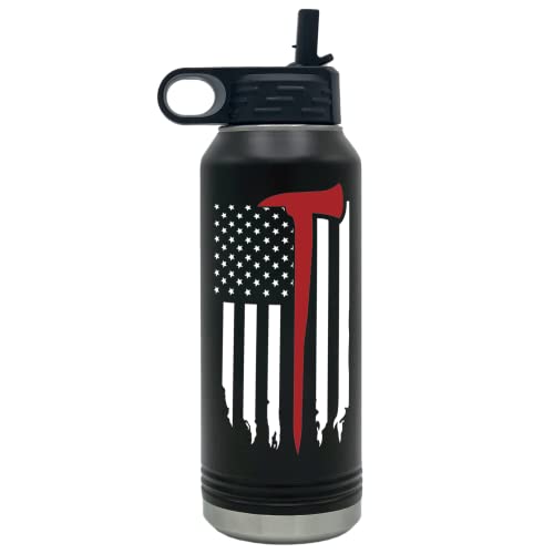 Firefighter Gift for Men 32 oz Water Bottle Distressed Thin Red Line Flag Axe for Fireman Stainless Steel Fire Department Sport Bottle