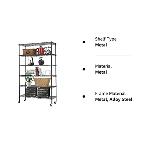 Commercial Wire Shelving Unit Metal Shelf Casters Adjustable Layer Rack Strong Steel for Restaurant Garage Pantry Kitchen Garage (48×18×72, Black)