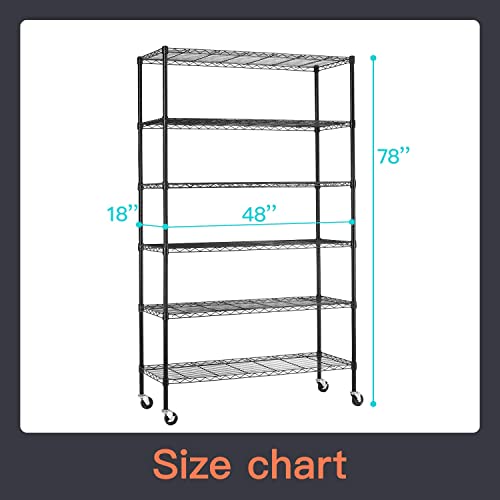 Commercial Wire Shelving Unit Metal Shelf Casters Adjustable Layer Rack Strong Steel for Restaurant Garage Pantry Kitchen Garage (48×18×72, Black)