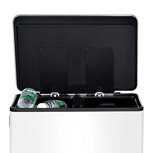 ToiletTree Products White Stainless Steel Step Trash Can - 16 Gallon Garbage Bin with Soft Close Lid - Dual Compartment Waste Can with 30 Liters Capacity in Each - Recycling Bin