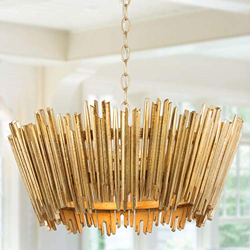 Gold Chandelier, Modern Farmhouse Chandelier, Dining Room Lighting Fixtures Hanging with Wood Framework and Gold Finish, Chandeliers for Dining Rooms, Kitchen, Foyer, Living Room, 20" D x 8" H