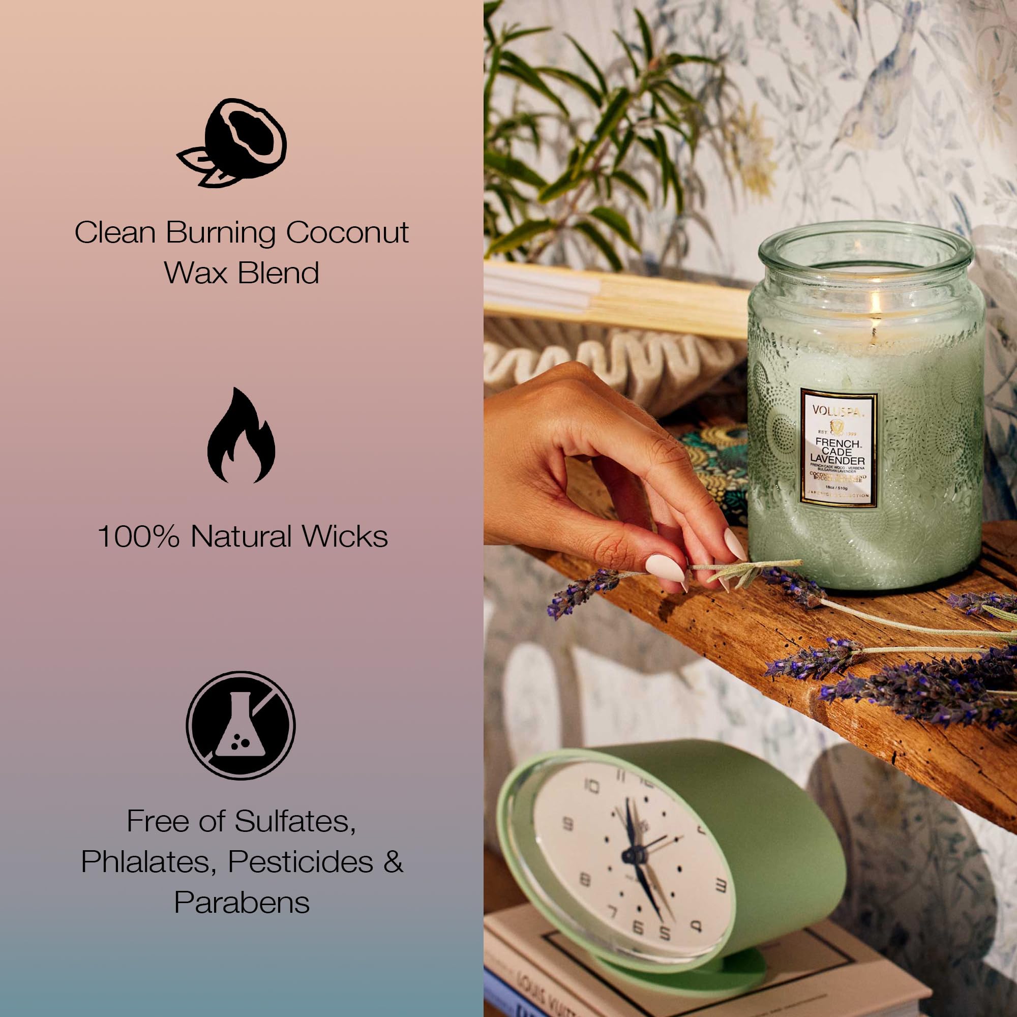 Voluspa French Cade Lavender Candle, 18 oz, Coconut Wax Blend, Scented Candles for Home, 100 Hour Burn Time, Candle Jars