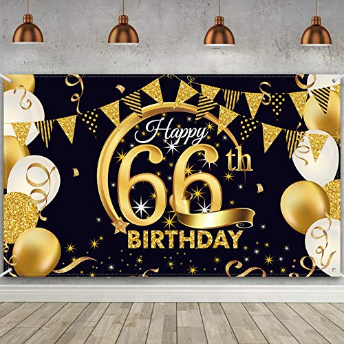 66th Birthday Party Decoration, Extra Large Fabric Black Gold Sign Poster for 66th Anniversary Photo Booth Backdrop Background Banner, 66th Birthday Party Supplies, 72.8 x 43.3 Inch