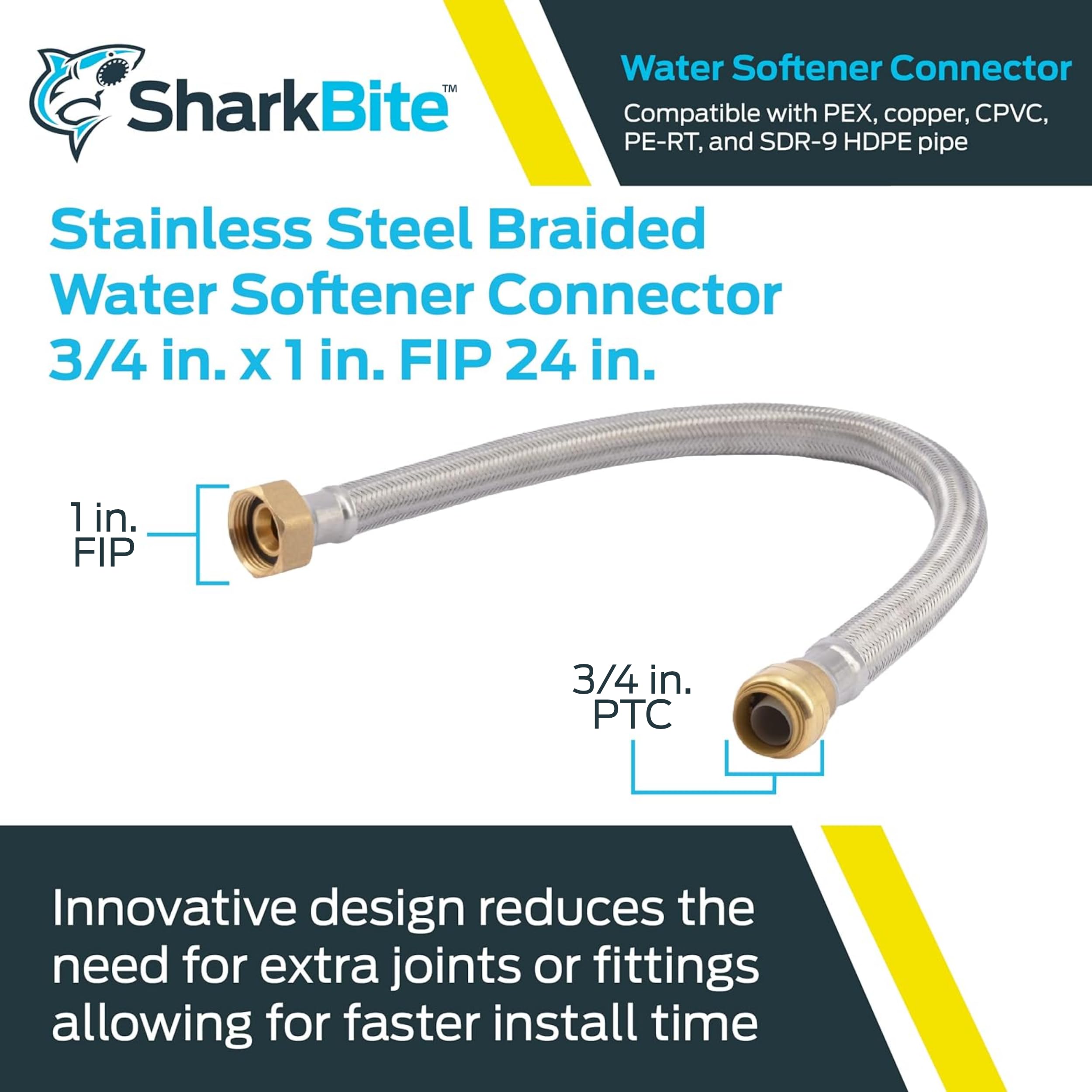 SharkBite 3/4 Inch x 1 Inch FIP x 24 Inch Stainless Steel Braided Flexible Water Softener Connector, Push To Connect Brass Plumbing Fitting, PEX Pipe, Copper, CPVC, PE-RT, HDPE, U3086FLEX24LF
