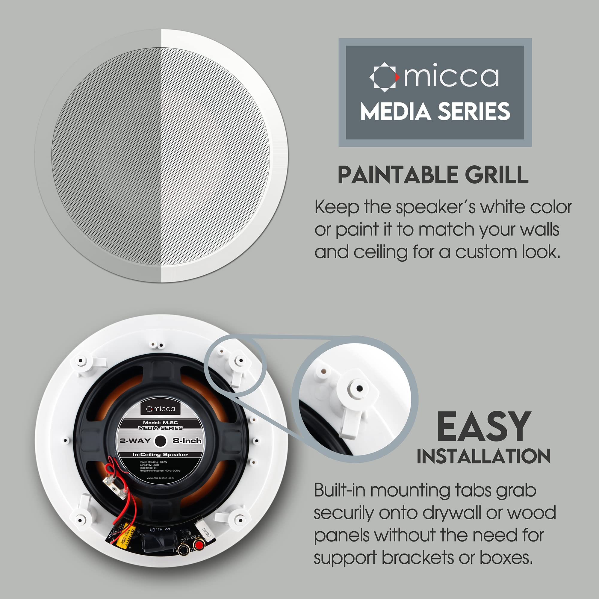 Micca M-8C 2-Way in-Ceiling Round Speaker, 9.4" Cutout Diameter, Whole House Audio, Home Theater, Indoor or Covered Outdoor, 8" Woofer, 1" Tweeter, White, Paintable, Each