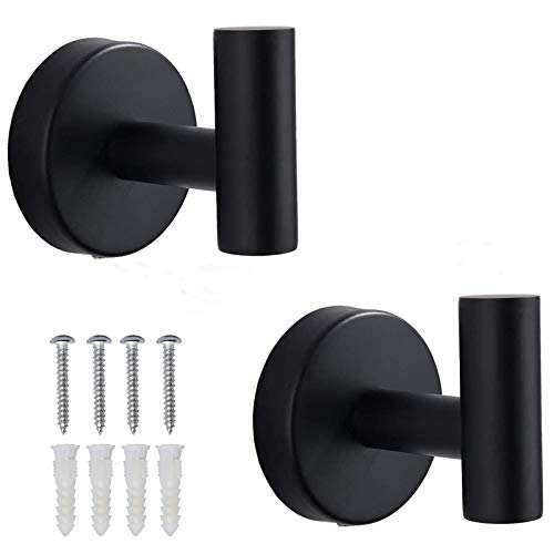 Towel Hooks，Bathroom Hook SUS 304 Stainless Steel Heavy Duty Wall Hooks for Bathroom,Robe Hook Hanging Hooks Wall Mounted, Black Matte Towel Hooks (2 Pack)