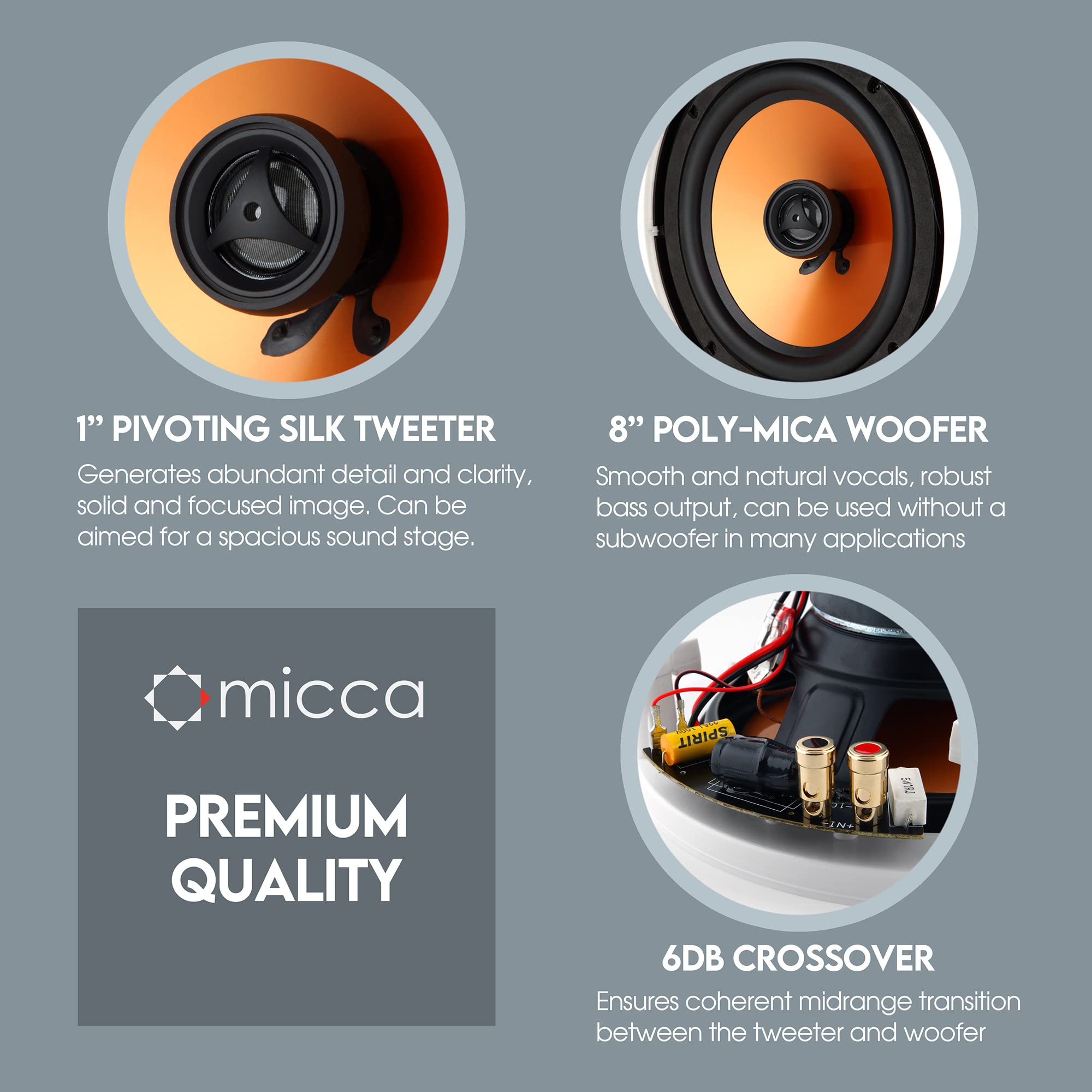 Micca M-8C 2-Way in-Ceiling Round Speaker, 9.4" Cutout Diameter, Whole House Audio, Home Theater, Indoor or Covered Outdoor, 8" Woofer, 1" Tweeter, White, Paintable, Each