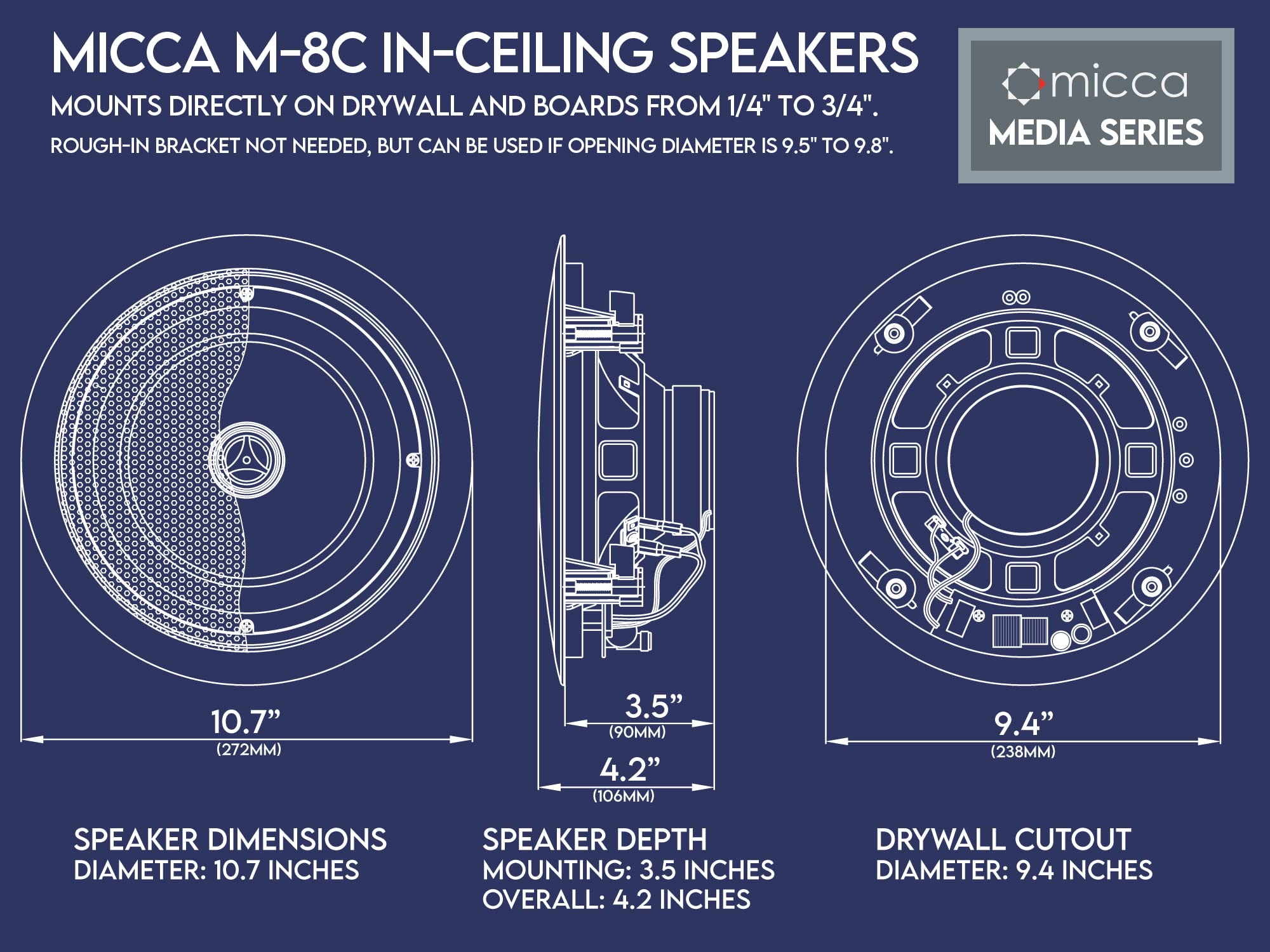 Micca M-8C 2-Way in-Ceiling Round Speaker, 9.4" Cutout Diameter, Whole House Audio, Home Theater, Indoor or Covered Outdoor, 8" Woofer, 1" Tweeter, White, Paintable, Each