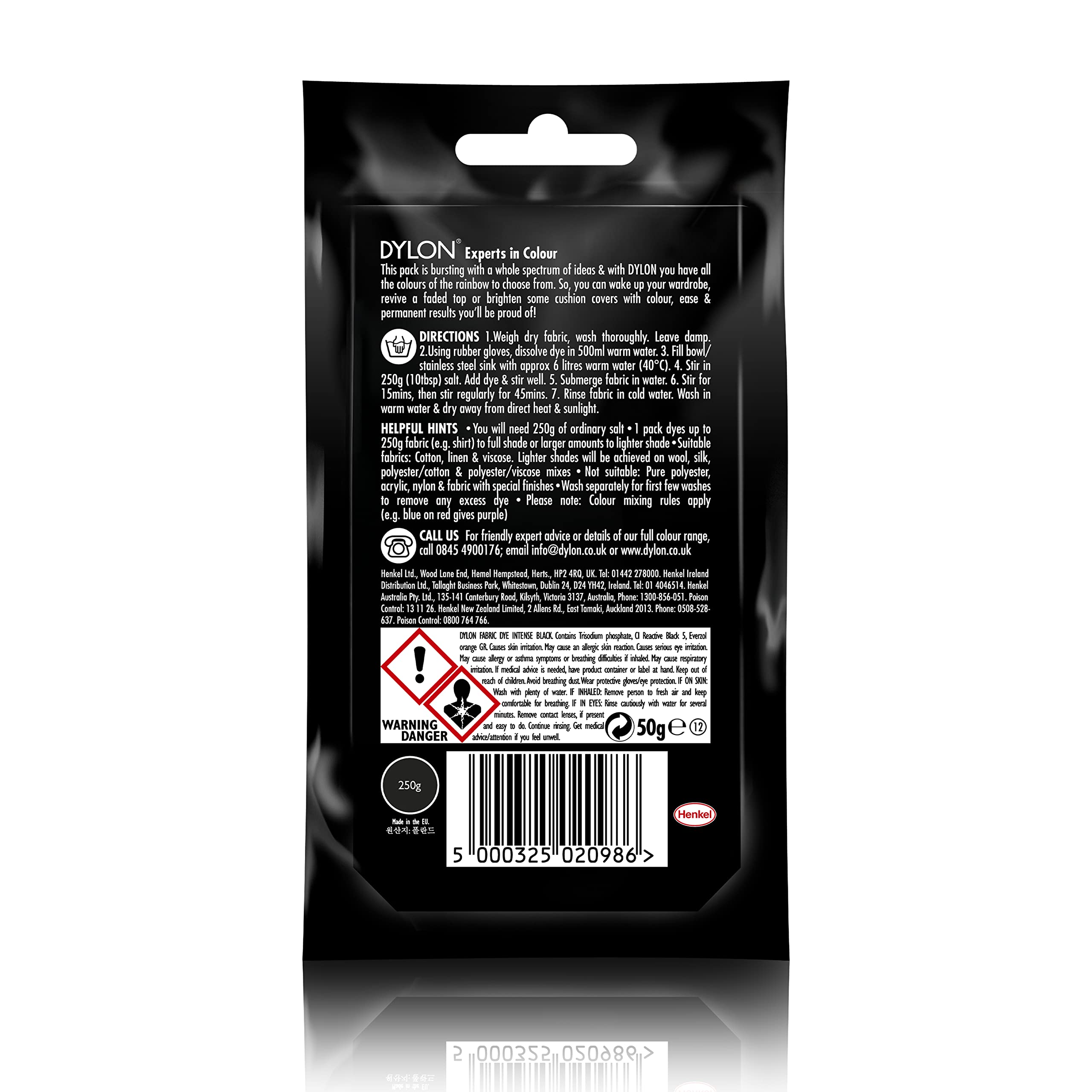 Dylon Intense Hand Dye Sachet (Velvet Black), 50g, 50 g (Pack of 1), Black, for Wool, Silk, 0.11 pounds