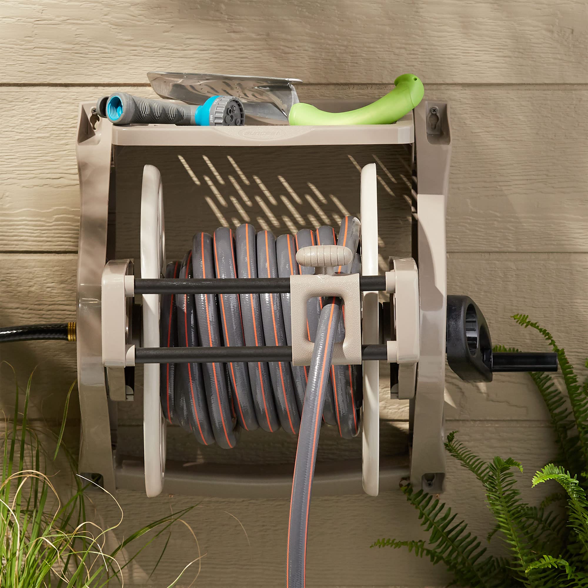 Suncast Wall-Mount Garden Hose Reel, 175 ft. 5/8 in. Vinyl Water Hose Holder, Light Taupe