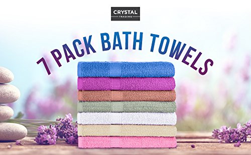 CrystalTowels Bath Towel Set Pack of 7 (27 x 52 Inches) 100% Cotton, Ultra Soft Highly Absorbent Bath Towel, Lightweight and Quick Drying Towels, Multi Colors Brights.