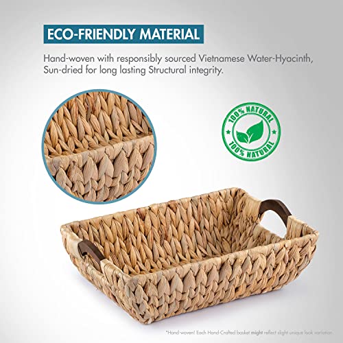 ADO Basics Large Water Hyacinth Hand Woven Basket with Stain Resistant Polished Wooden Handles, Storage Wicker Baskets 15" Length, 10.6" Width, 5.3" Height, Set of 2