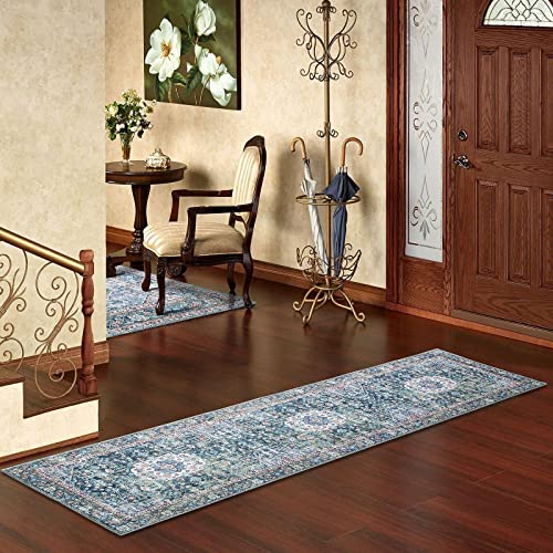 DECOMALL Runner Rug for Hallway Kitchen, Washable Long Rugs Green Multi, Bohemian Vintage Foldable Carpet for Entryway Entrance, 2'6"x9'