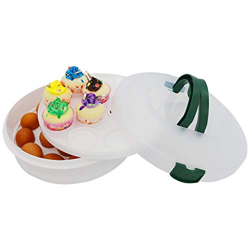 Portable Pie Cupcake Carrier with Lid and Tray 3-In-1 Round Cupcake Container Egg Holder Deviled Egg Tray Muffin Tart Cookie Food Keeper 10 Inch