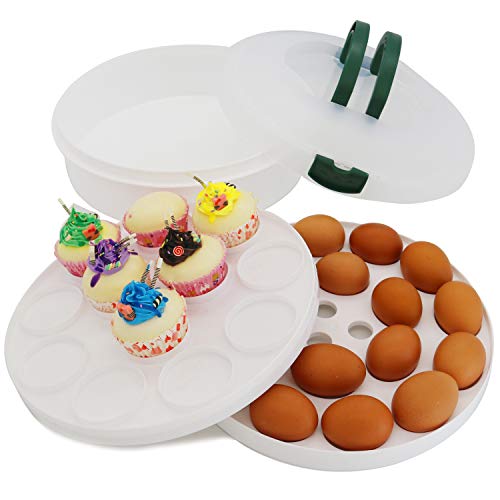 Portable Pie Cupcake Carrier with Lid and Tray 3-In-1 Round Cupcake Container Egg Holder Deviled Egg Tray Muffin Tart Cookie Food Keeper 10 Inch