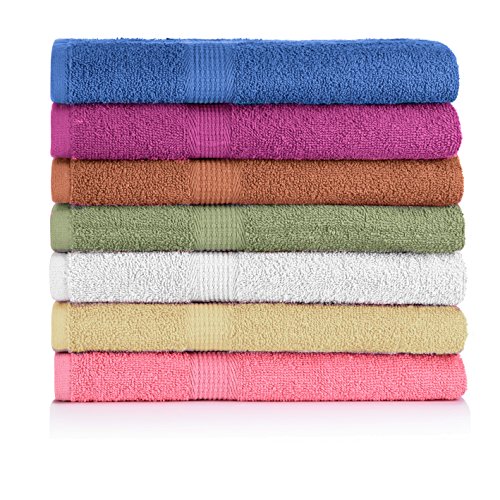 CrystalTowels Bath Towel Set Pack of 7 (27 x 52 Inches) 100% Cotton, Ultra Soft Highly Absorbent Bath Towel, Lightweight and Quick Drying Towels, Multi Colors Brights.