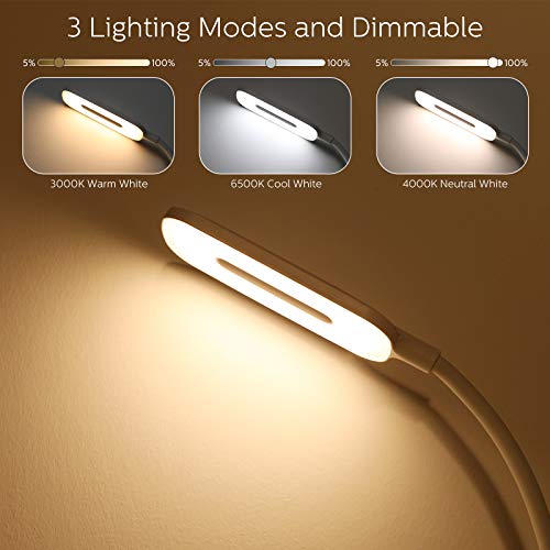 Consciot LED Desk Lamp with Wireless Charger, USB Charging Port, 3 Lighting Modes, Dimmable Space-Saving Table Lights with 360°Adjustable Gooseneck for Bedroom Nightstand Bedside Office Study, White