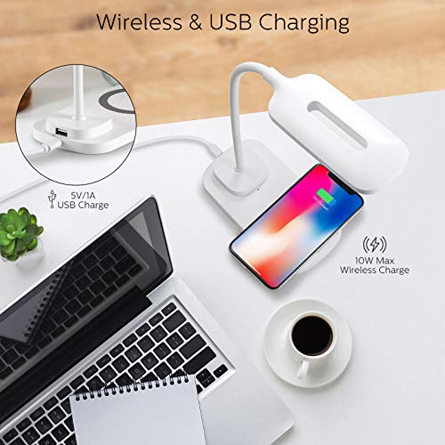 Consciot LED Desk Lamp with Wireless Charger, USB Charging Port, 3 Lighting Modes, Dimmable Space-Saving Table Lights with 360°Adjustable Gooseneck for Bedroom Nightstand Bedside Office Study, White