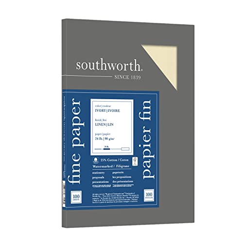 Southworth 25% Cotton Business Paper, 8.5โ x 11โ, 24 lb/90 gsm, Linen Finish, White, 100 Sheets - Packaging May Vary (P564CK), Ivory