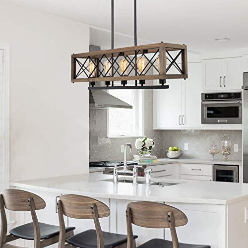 LALUZ Farmhouse Chandelier, 5-Light Chandeliers for Dining Room, 32" Rustic Wood Kitchen Island Lighting