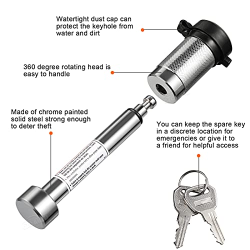 CZC AUTO Locking Hitch Pin Fit 2" & 2.5" Receiver, Trailer Hitch Lock with 5/8" Pin, Hitch Pin Lock for Class III IV, Chrome Coated Tow Hitch Locking Pin with Keys