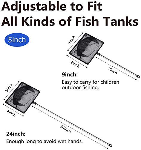 Grepol-V Fish Net for Fish Tank, 5 Inch Fine Mesh Aqurium Net with 9-24 Inch Stainless Steel Long Handle, Extendable Fishing Tank Net for Fish Shrimp Tank, Pond, Creek
