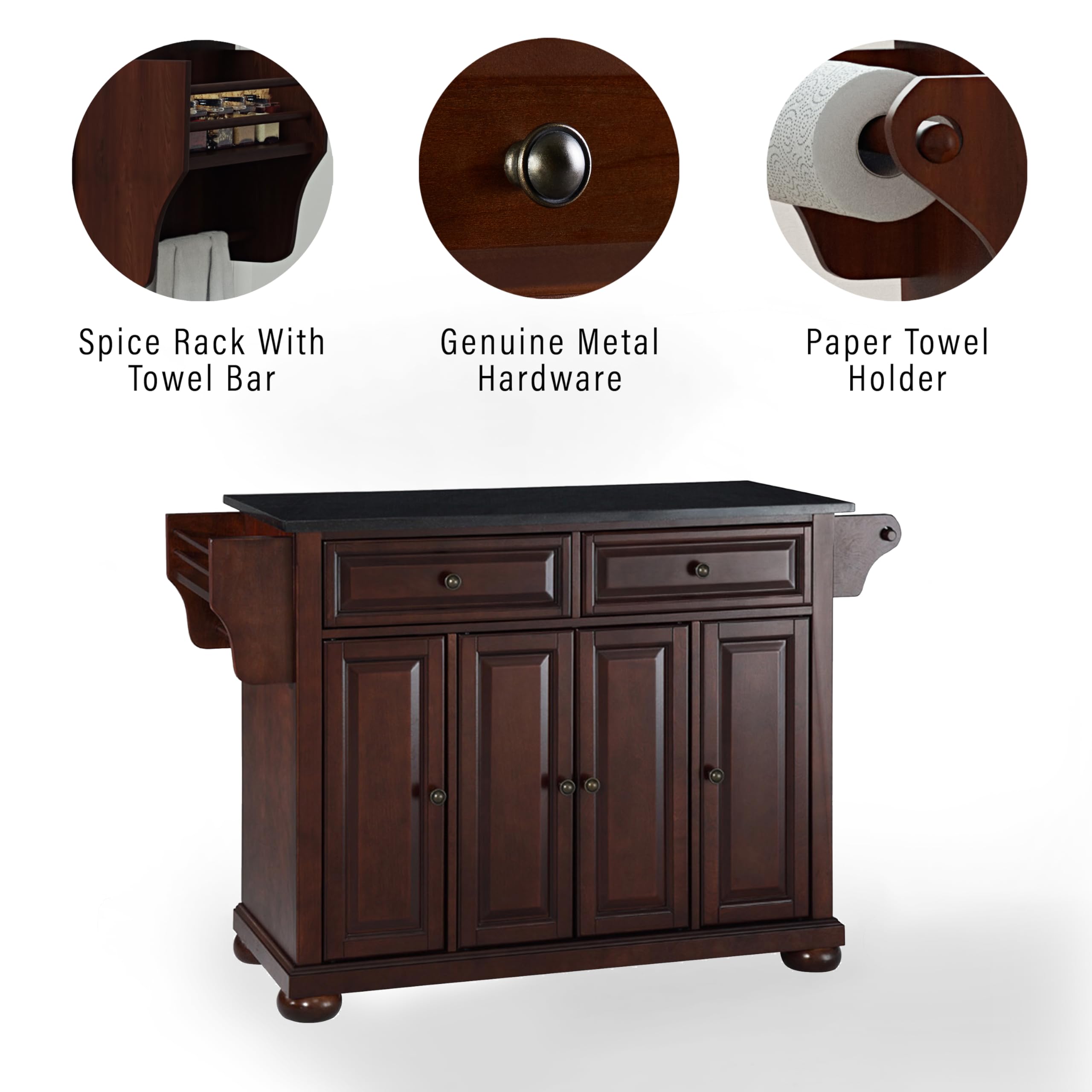 Crosley Furniture Alexandria Granite Top Rolling Kitchen Island Storage Cart, Microwave Stand, Spice Rack, Mahogany