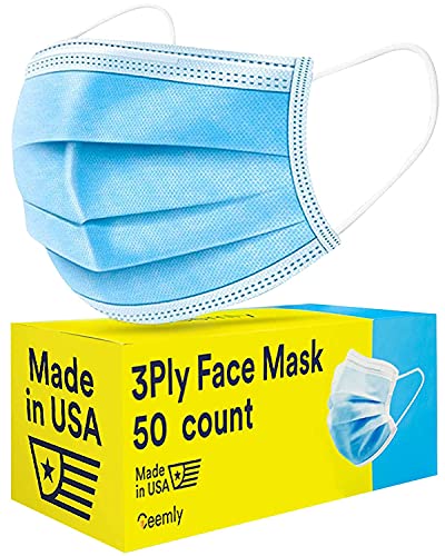 Ceemly 3Ply Disposable Face Cover USA Made - 3-Ply Face Protection - Face Cover Pack - Disposable Face Cover with Flexible Ear Loops and Adjustable Nose Bridge - Single-Use (50 Pack)