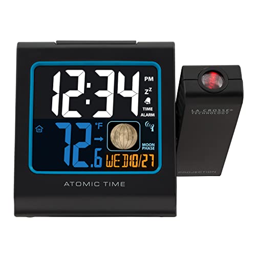 La Crosse Technology 616-146A 5-Inch Color Atomic Projection Alarm Clock with Moon Phase, Black, 5.23"L x 1.96"W x 4.33"H