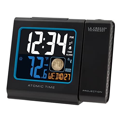La Crosse Technology 616-146A 5-Inch Color Atomic Projection Alarm Clock with Moon Phase, Black, 5.23"L x 1.96"W x 4.33"H
