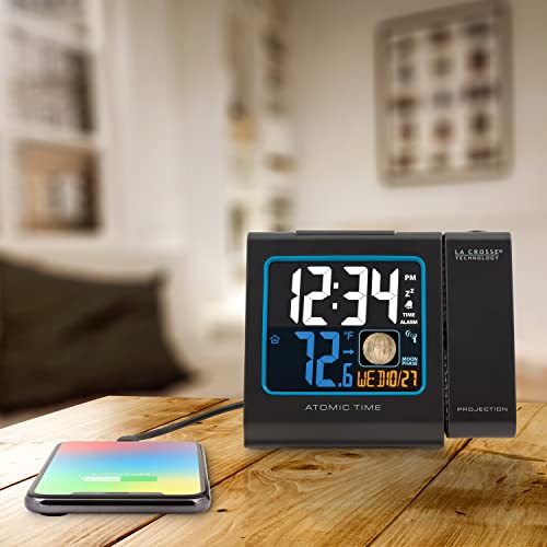La Crosse Technology 616-146A 5-Inch Color Atomic Projection Alarm Clock with Moon Phase, Black, 5.23"L x 1.96"W x 4.33"H