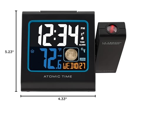 La Crosse Technology 616-146A 5-Inch Color Atomic Projection Alarm Clock with Moon Phase, Black, 5.23"L x 1.96"W x 4.33"H