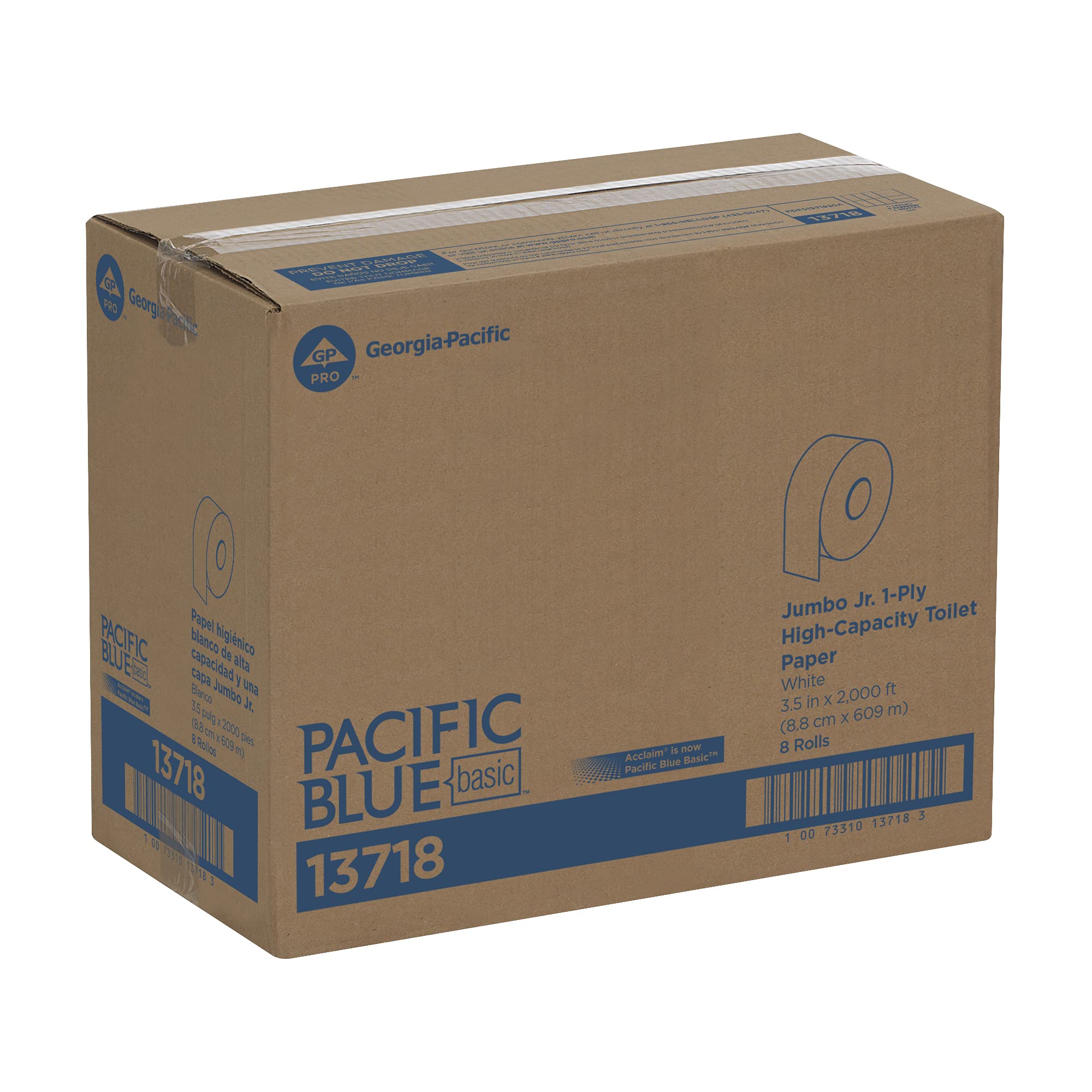 Pacific Blue Basic 1-Ply Jumbo Jr. 9'' Toilet Paper by GP PRO (GEORGIA-PACIFIC), 13718, 2,000 Linear Feet Per Roll, 8 Rolls Per Case