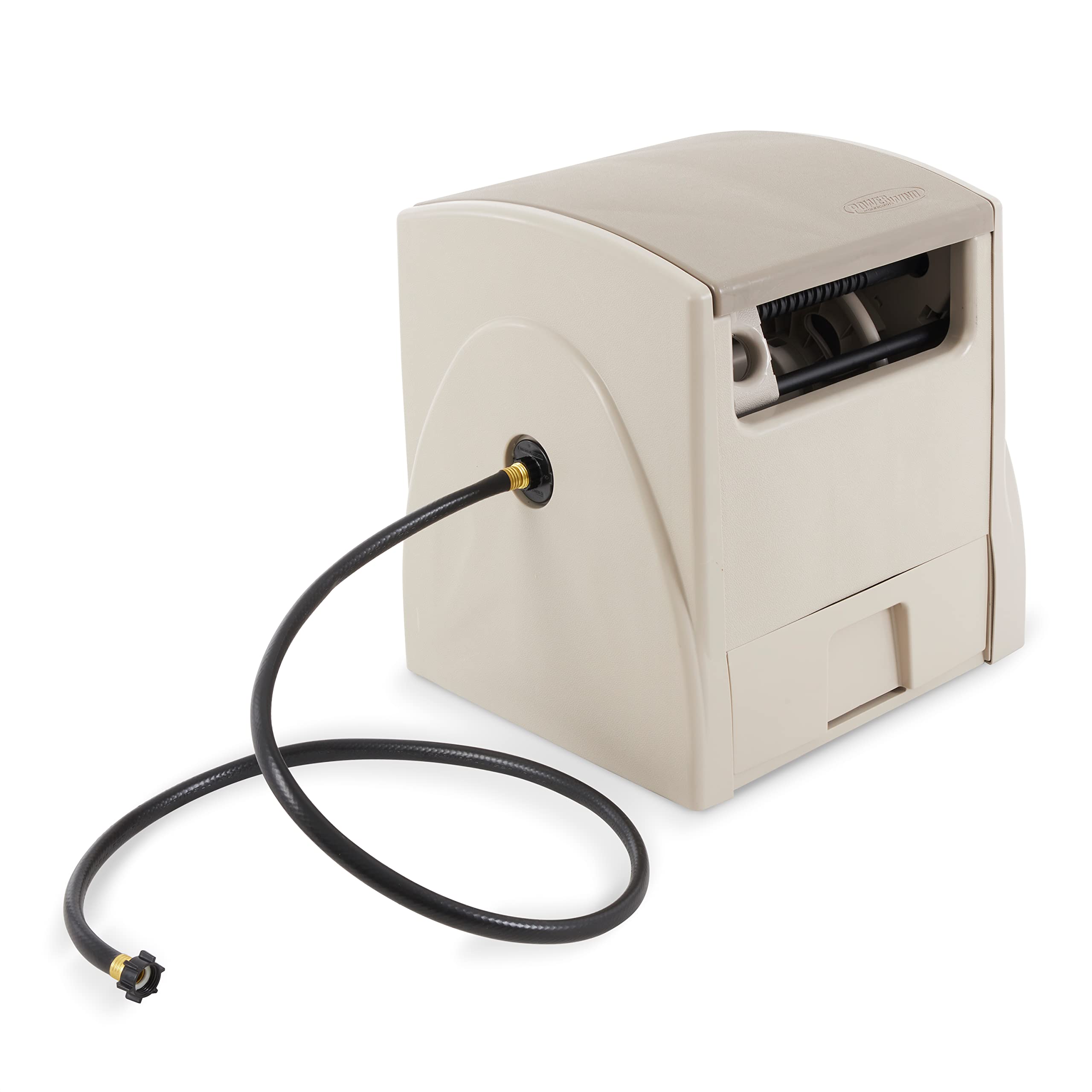 Suncast Automatic Rewind Garden Hose Reel, 100 ft. 5/8 in. Vinyl Hose Holder, Light Taupe