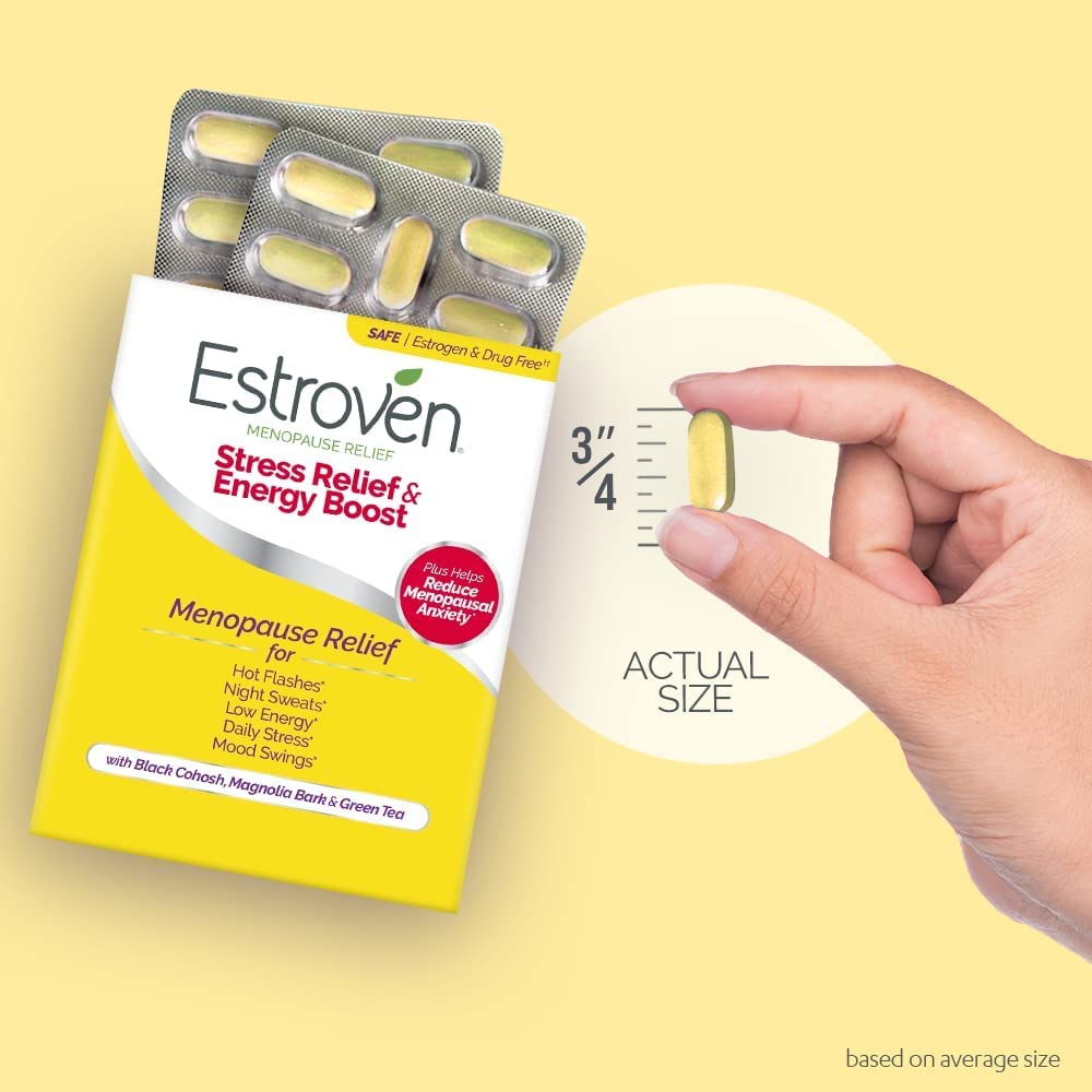 Estroven Stress Relief & Energy Boost for Menopause Relief - 28 Ct. - Clinically Proven Ingredients Provide Stress & Energy Support + Night Sweats & Hot Flash Relief - Drug-Free and Gluten-Free