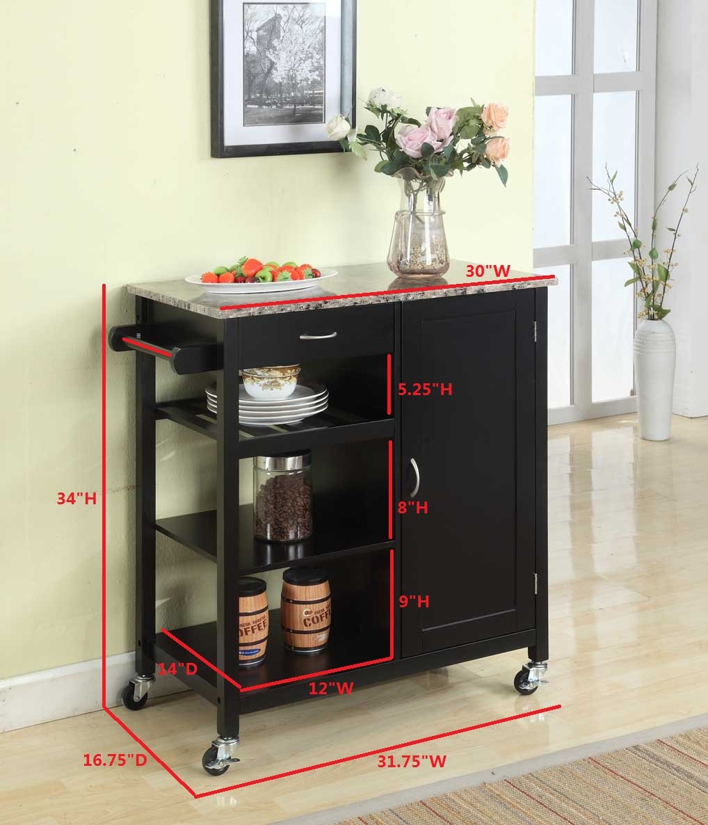 King's Brand Furniture-Black Wood & Marble Finish Top Kitchen Storage Cabinet Cart