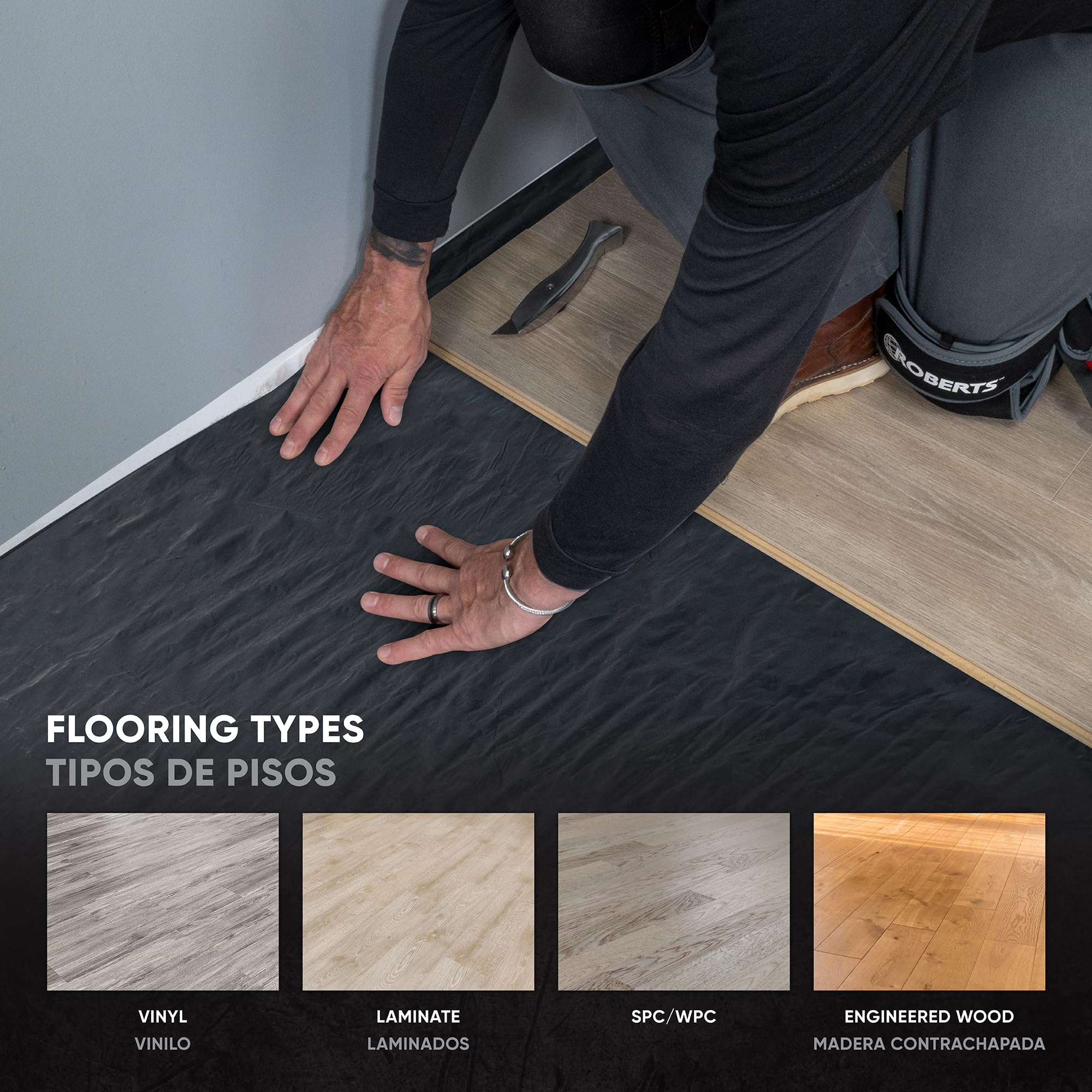 ROBERTS 70-115 Moisture Barricade Underlayment Film, for Vinyl, Laminate SPC, Engineered Wood Floors, 6 mil. Thick, Polyethylene, 120 Sq. Foot Roll, Black