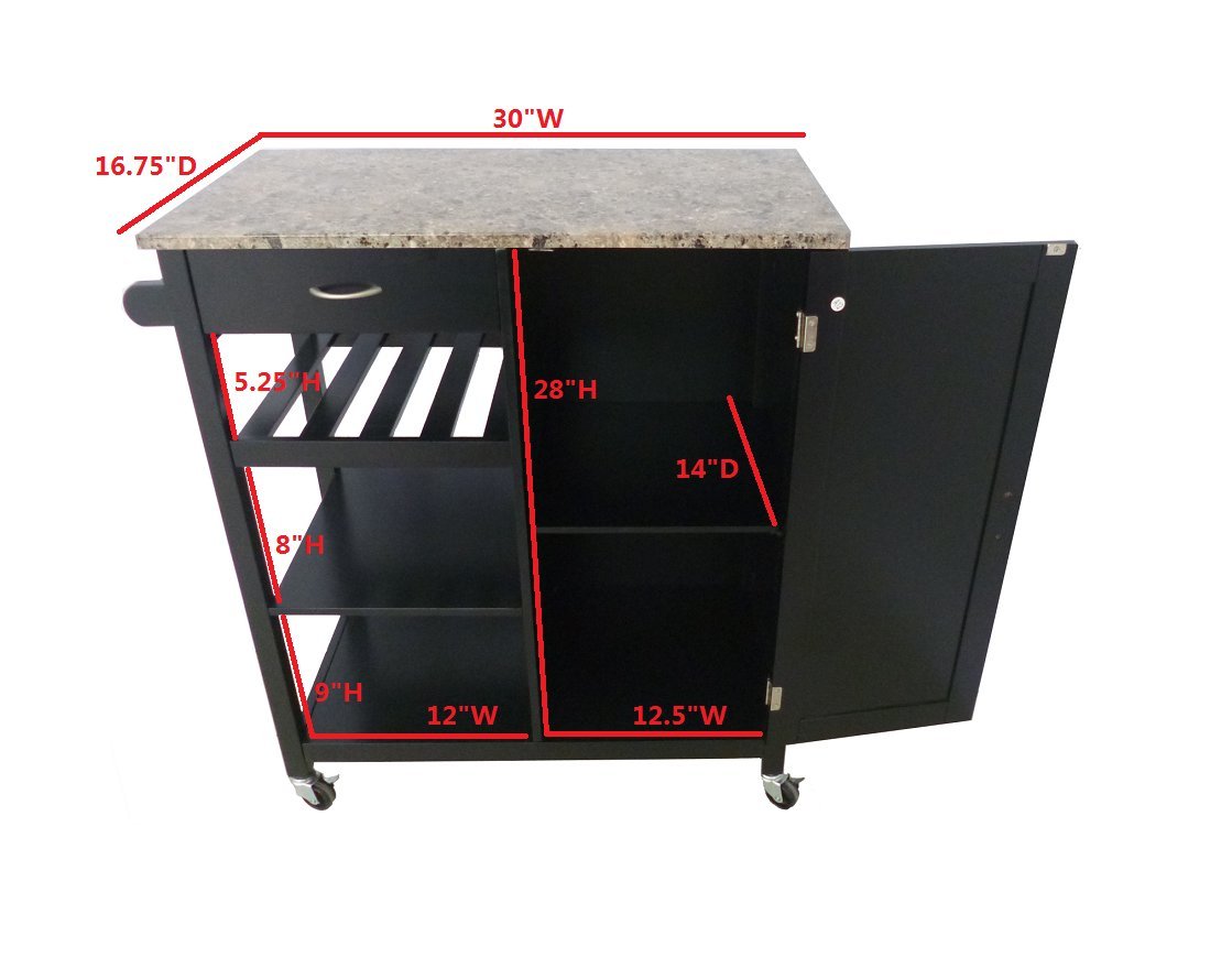 King's Brand Furniture-Black Wood & Marble Finish Top Kitchen Storage Cabinet Cart
