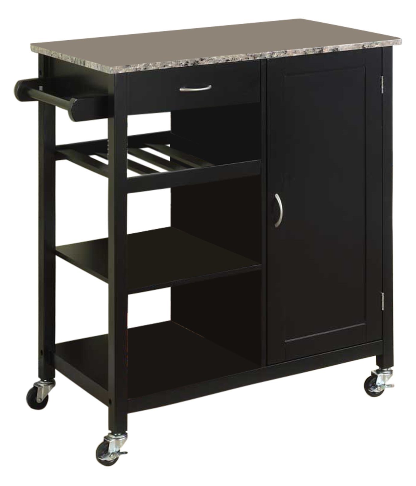 King's Brand Furniture-Black Wood & Marble Finish Top Kitchen Storage Cabinet Cart