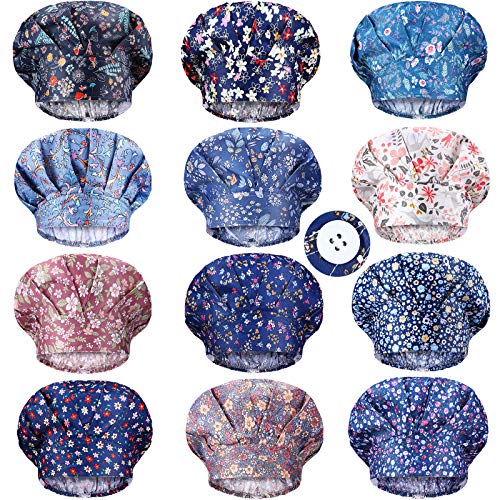 Geyoga 12 Pieces Bouffant Working Caps with Button and Sweatband Adjustable Working Hats Elastic Band Caps for Men Women (Natural Pattern)