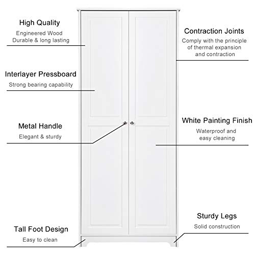 VINGLI White Pantry Cabinet, Tall Kitchen Pantry Storage Cabinet, Freestanding Pantry Cupboard, 2 Door Pantry for Laundry Room, Kitchen, Apartment