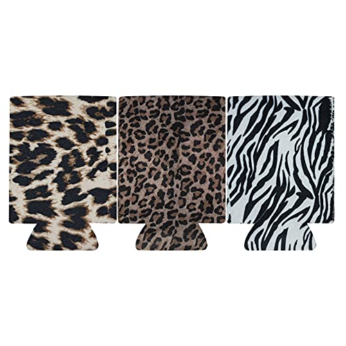 OKITCHEN Set of 3 Neoprene Beer Can Cooler Sleeve,Insulated Can Holder Sleeve for 12 oz Standard Iced Beer Can Bottle,Coral Fleece Super Soft Hand Feel,Leopard and Zebra Animal Pattern for Party