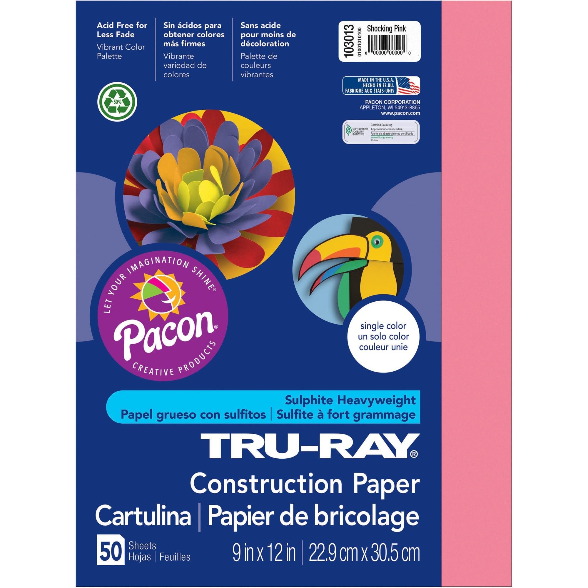 Tru-Ray® Construction Paper, 50% Recycled, 9" x 12", Shocking Pink, Pack of 50